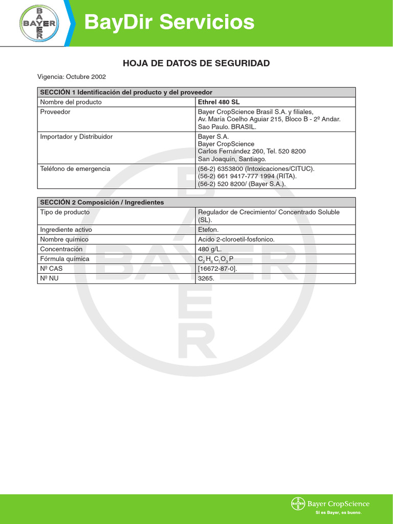Ficha Técnica de Ethrel 480 SL | PDF | Agua | Contaminación