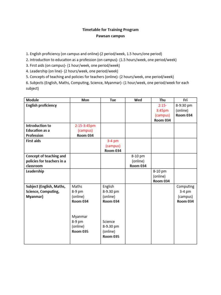 Tiemtable For Training Program | PDF | Learning