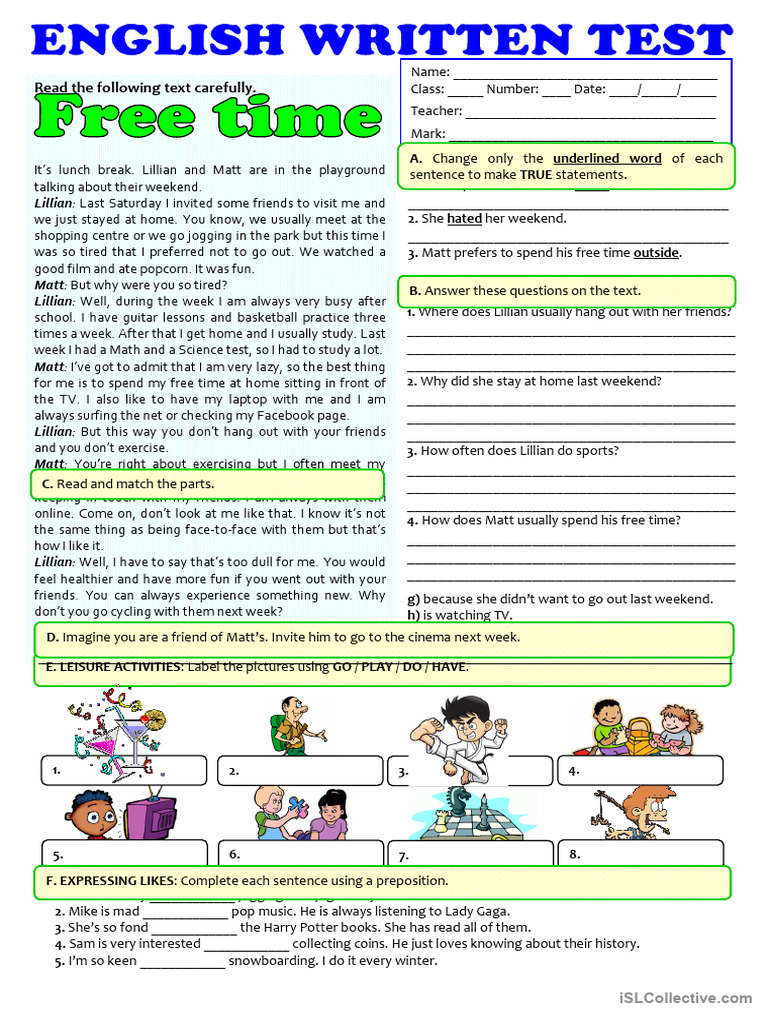 Free Time Activities - Test (A1-A2) | PDF