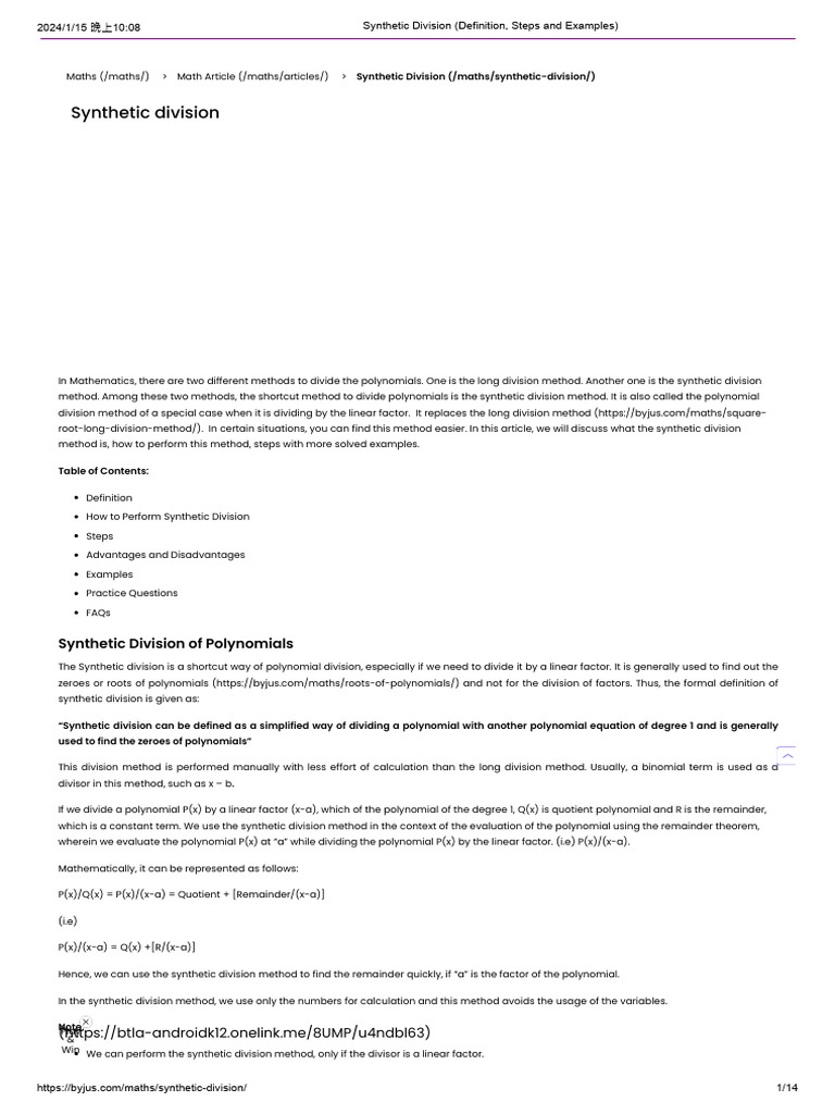 Synthetic Division (Definition, Steps and Examples) | PDF ...