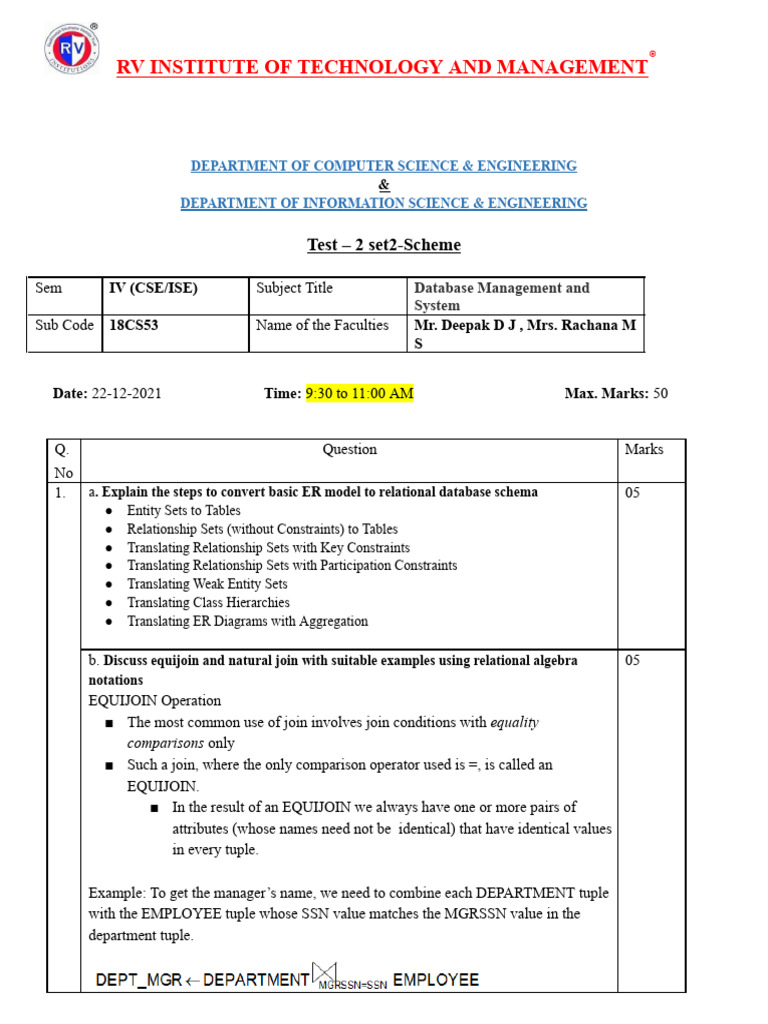 DBMS Scheme CIE 2 5th Sem | PDF | Sql | Computing