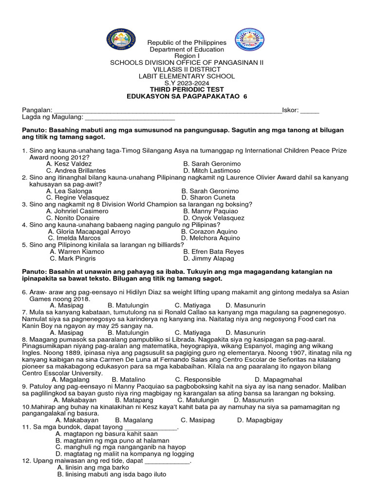 3rd Periodic Test 2023 2024 Grade 6 Final | PDF