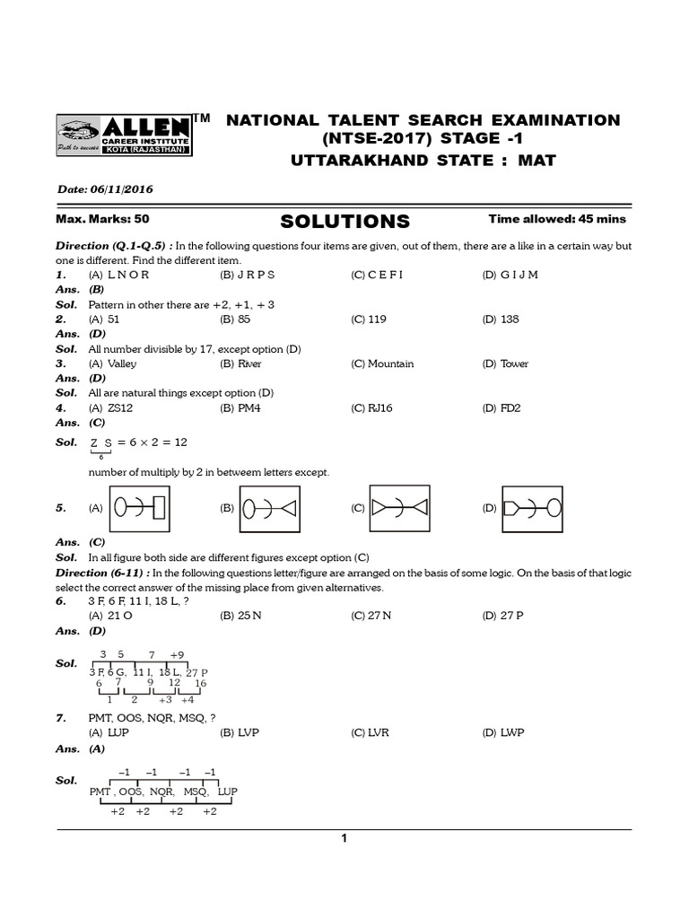 MAT NTSE Paper UTTARAKHAND Solution | PDF | Mathematics