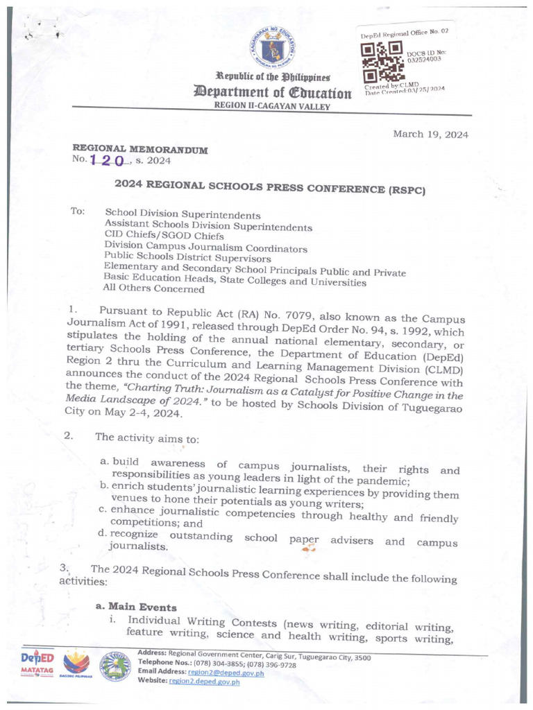 Regional Memorandum No. 120 S. 2024 2024 Regional Schools Press ...