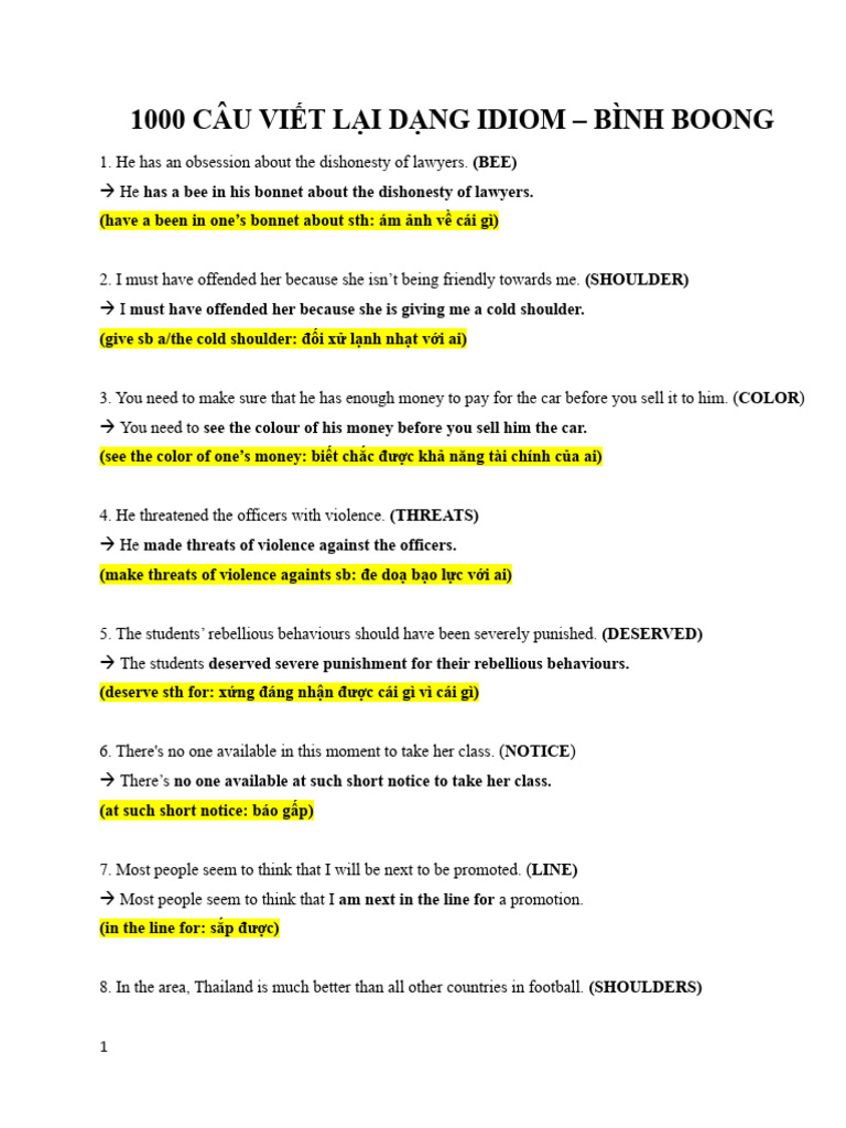 Key To 1000 Câu Viết Lại Dạng Idiom - Bình Boong | PDF