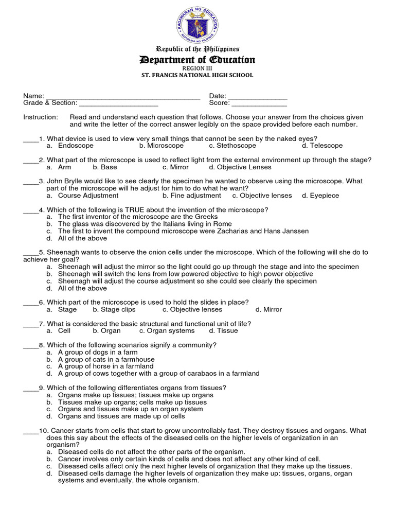 Second Quarter Test Science 7 | PDF | Cell (Biology) | Sexual Reproduction