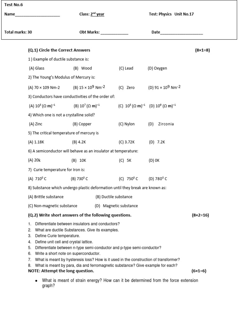 2nd Year Test Unit | PDF | Semiconductors | Ferromagnetism