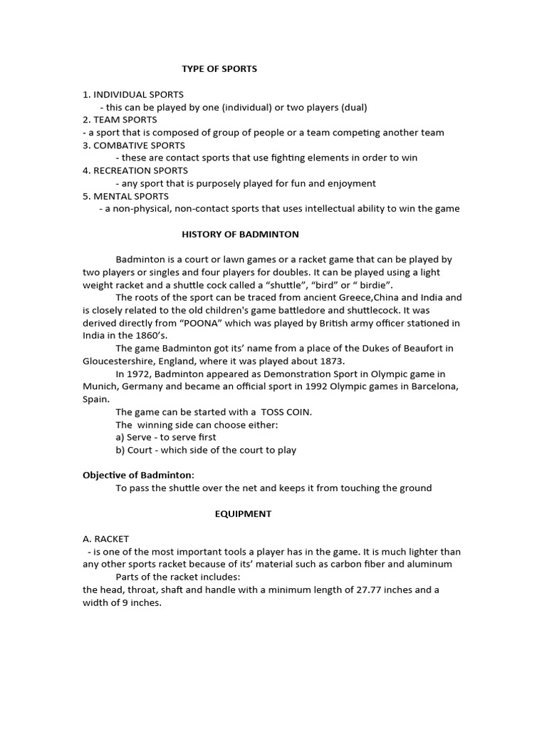 Badminton Overview and Key Terms | PDF