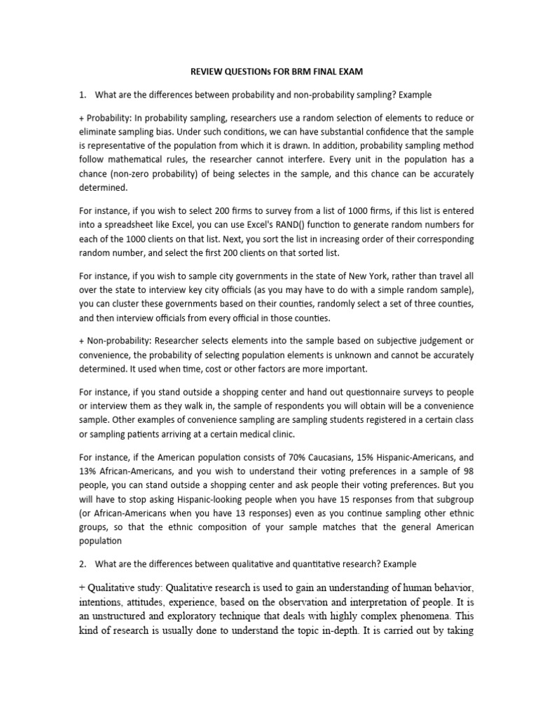 Review Questions BRM Final Exam | PDF | Sampling (Statistics) | Quantitative Research