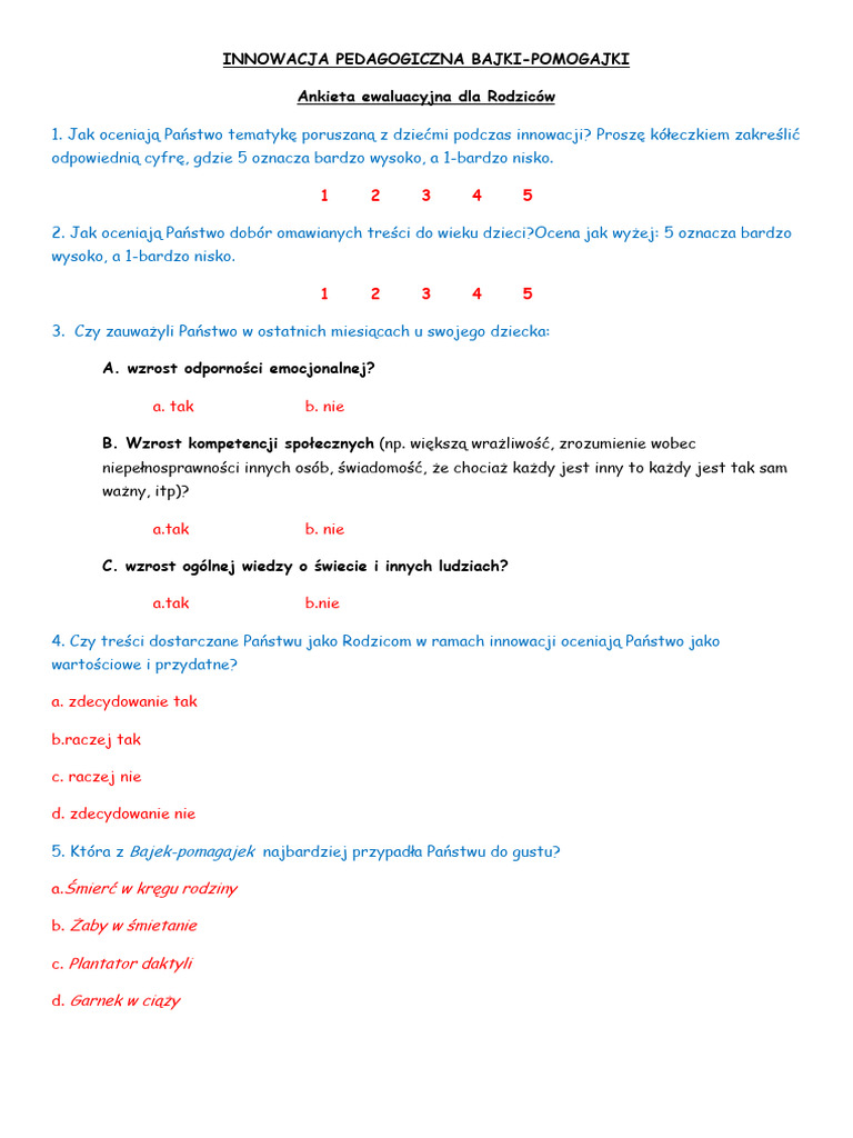 INNOWACJA PEDAGOGICZNA Ankieta Dla Rodziców | PDF INNOWACJA PEDAGOGICZNA Ankieta Dla Rodziców | PDF
