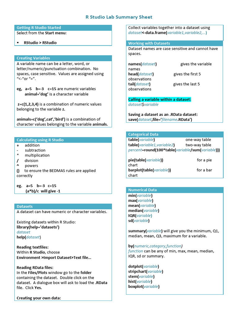 R Studio Lab Summary Sheet | PDF | Statistics | Data