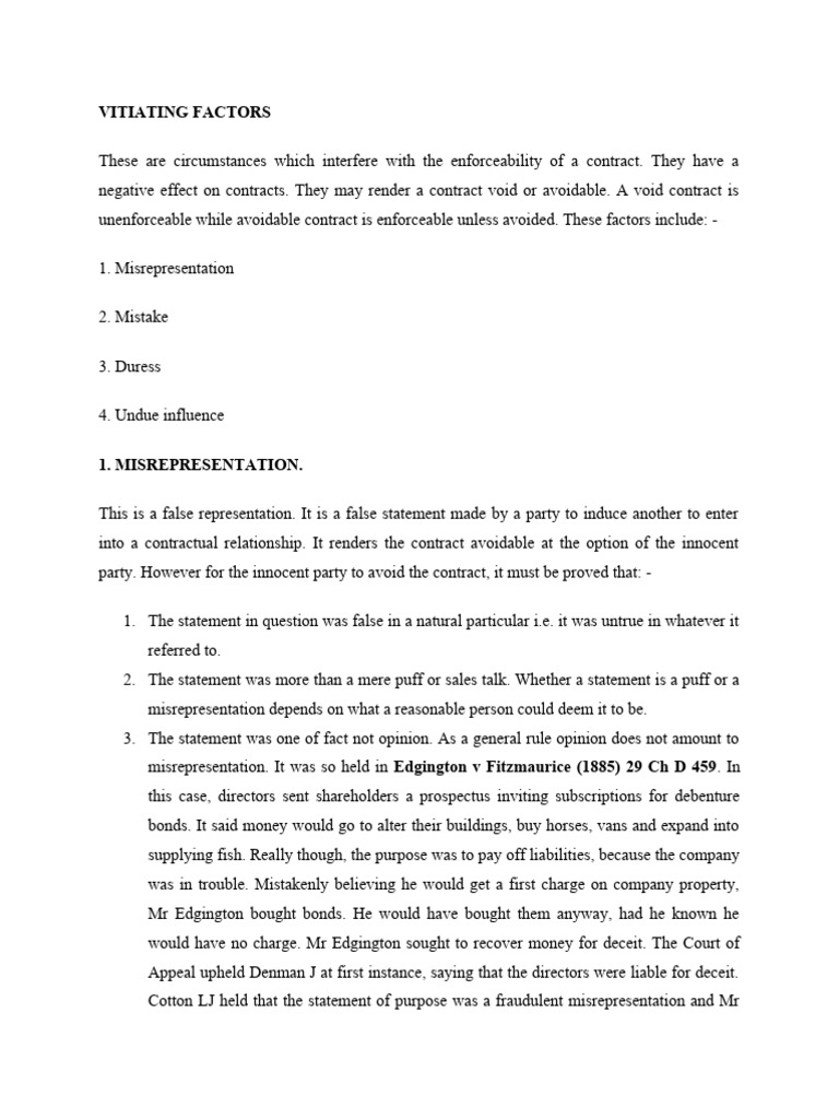 Vitiating Factors Class Notes | PDF | Misrepresentation | Contract Law