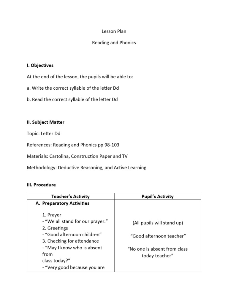 Lesson Plan READING AND PHONIC LETTER D | PDF | Letter Case | Lesson Plan