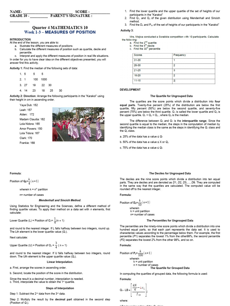 Quarter 4 MATHEMATICS 10: Week 1-3 - Measures of Position | PDF | Quartile