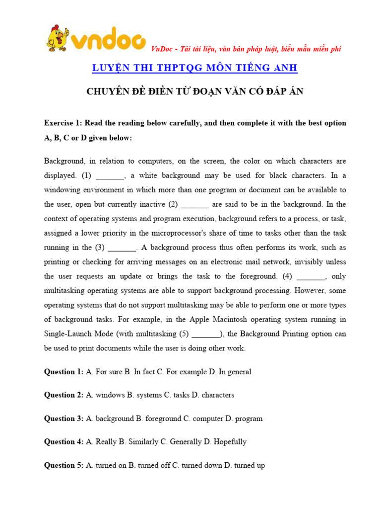 250 Cau Trac Nghiem Dien Tu Doan Van Tieng Anh On Thi THPT Quoc Gia Co Ban Phan 2 | PDF ...