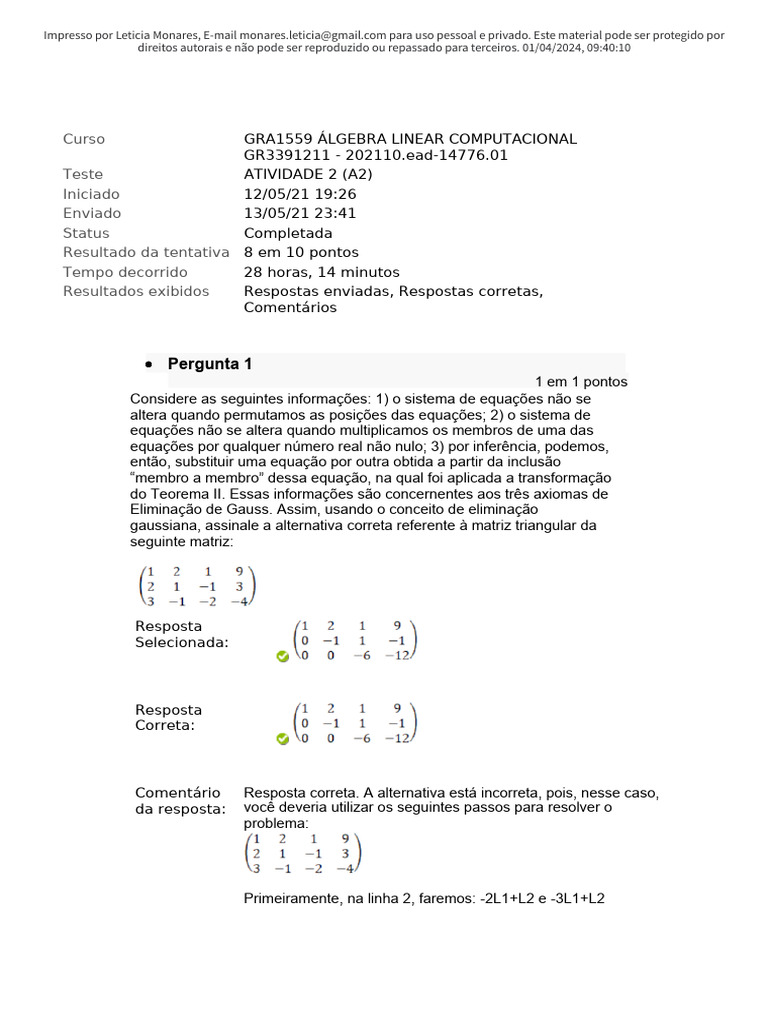 Atividade 2 (A2) - Algebra Linear Computacional UAM (CURTA SE LHE AJUDOU - D) - Passei Direto ...