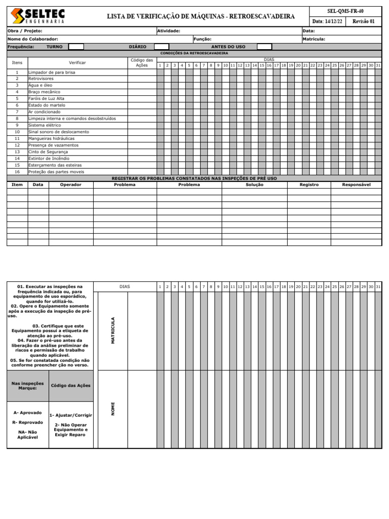 SEL-QMS-FR-40 Checklist Retroescavadeira - Rev01 - 14.12.22 | PDF