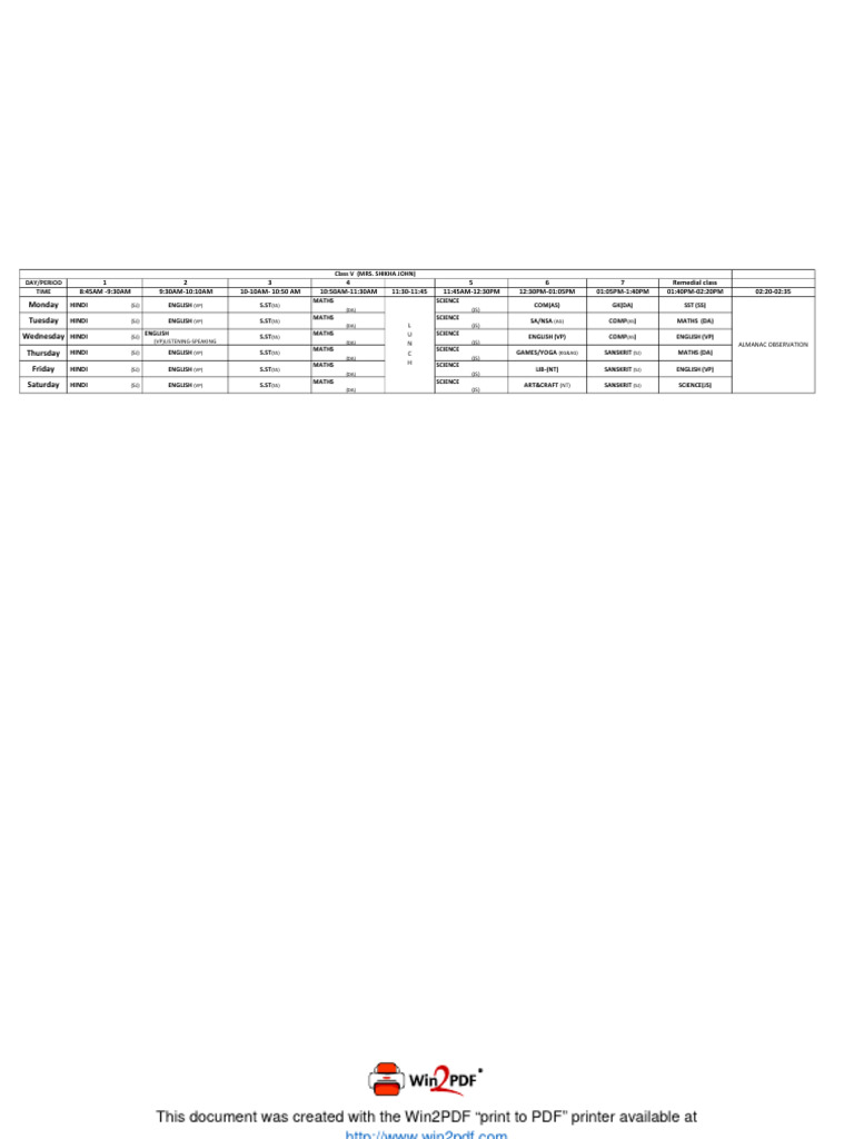 Class 5 Timetable | PDF