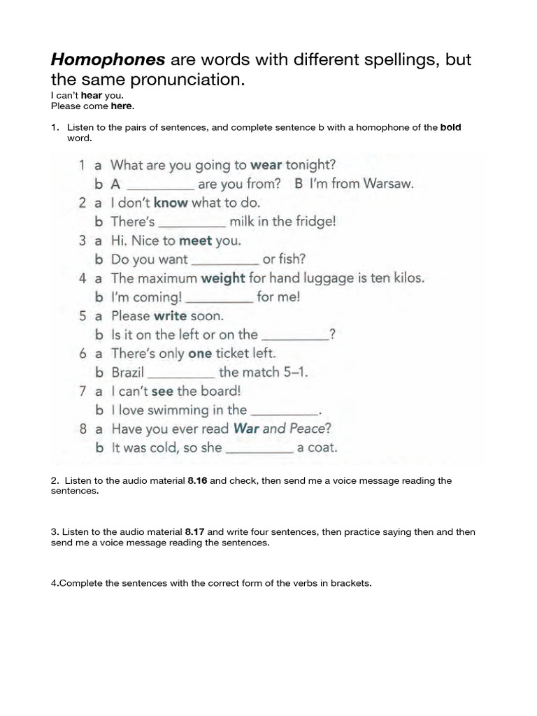 Homophone Exercises and Audio Practice | PDF