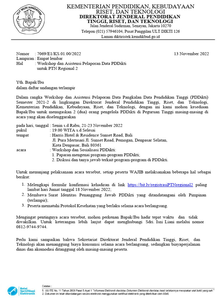 Surat Undangan Workshop Dan Asistensi Pelaporan Data PDDikti Semester ...