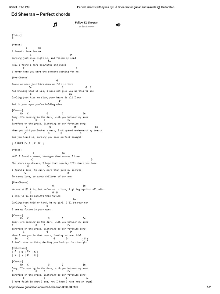 Perfect Chords With Lyrics by Ed Sheeran For Guitar and Ukulele at ...