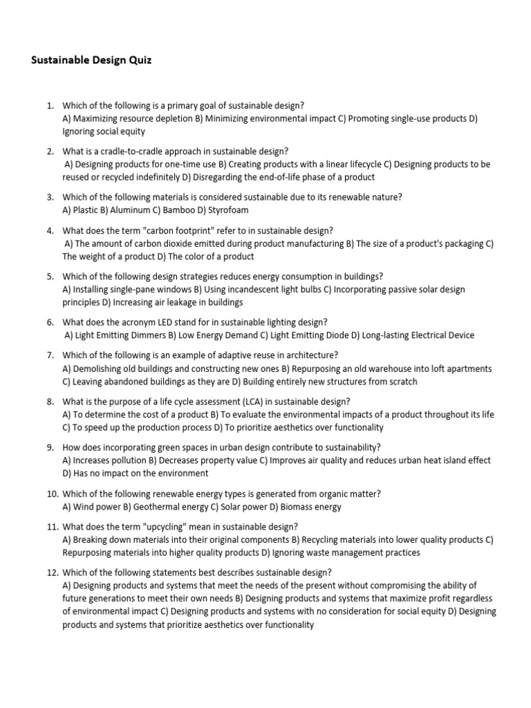 Sustainable Design Quiz | PDF | Sustainable Design | Sustainability