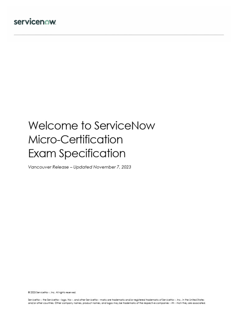 Welcome To ServiceNow - Exam Specification | PDF | Simulation | Trademark