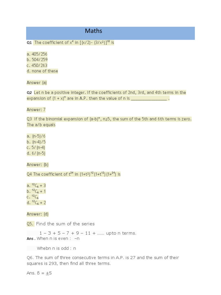 Maths Problems on Binomial Expansion and Series | PDF | Teaching ...