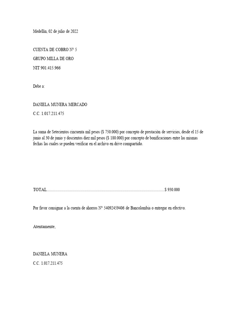 Cuenta de Cobro - Daniela Munera 15-30 Junio 2 | PDF