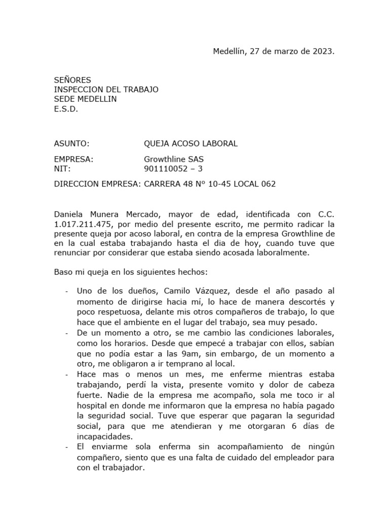 Queja Ministerio Daniela Munera | PDF