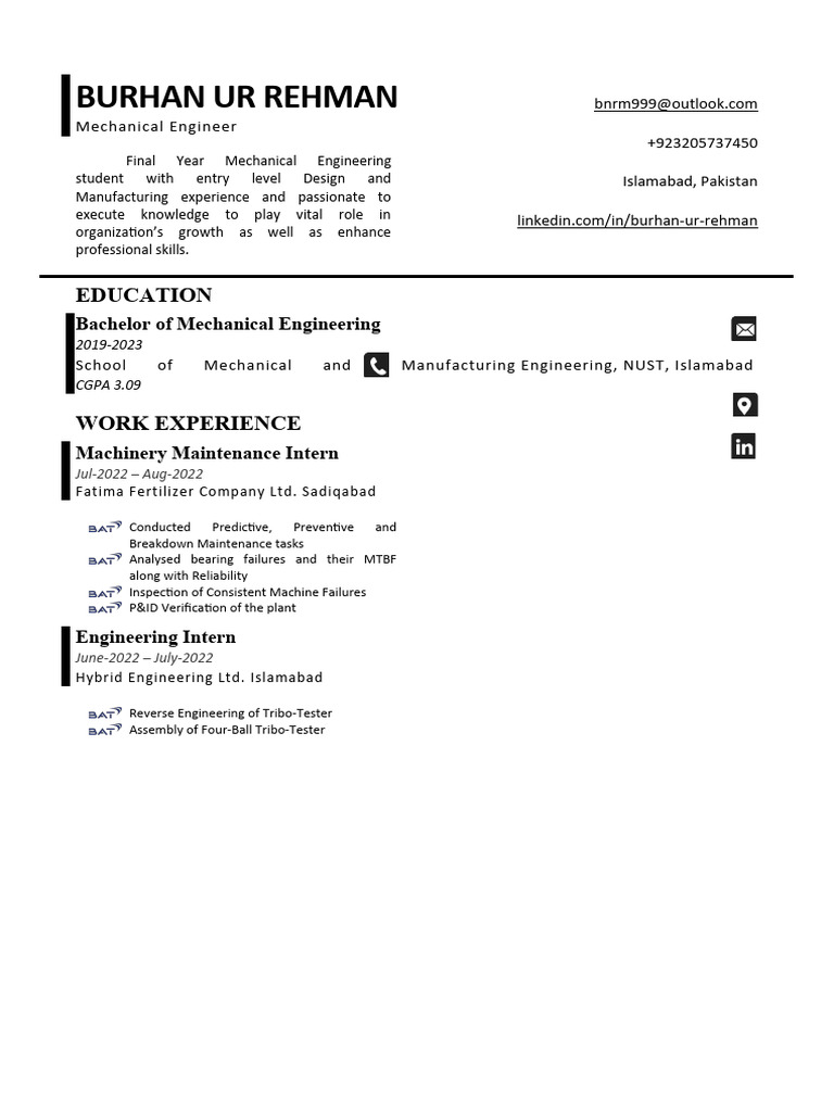 Burhan Ur Rehman - Resume - v2 - Burhan Ur Rehman | PDF | Engineering | Mechanical Engineering