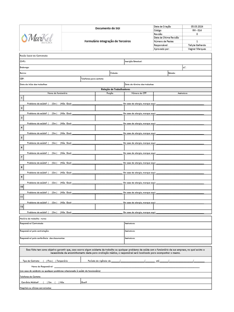 Formulário de Saúde para Contratados | PDF