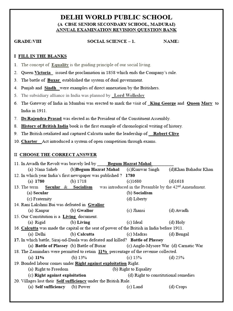 Soc 1 Annual Examination Revision Question Bank Gr 8 Answer Key And Qanda Pdf British Raj