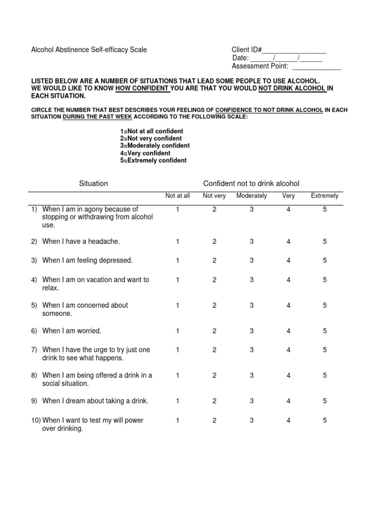 Alcohol Abstinence Self Efficacy Scale20 | PDF | Self Efficacy ...