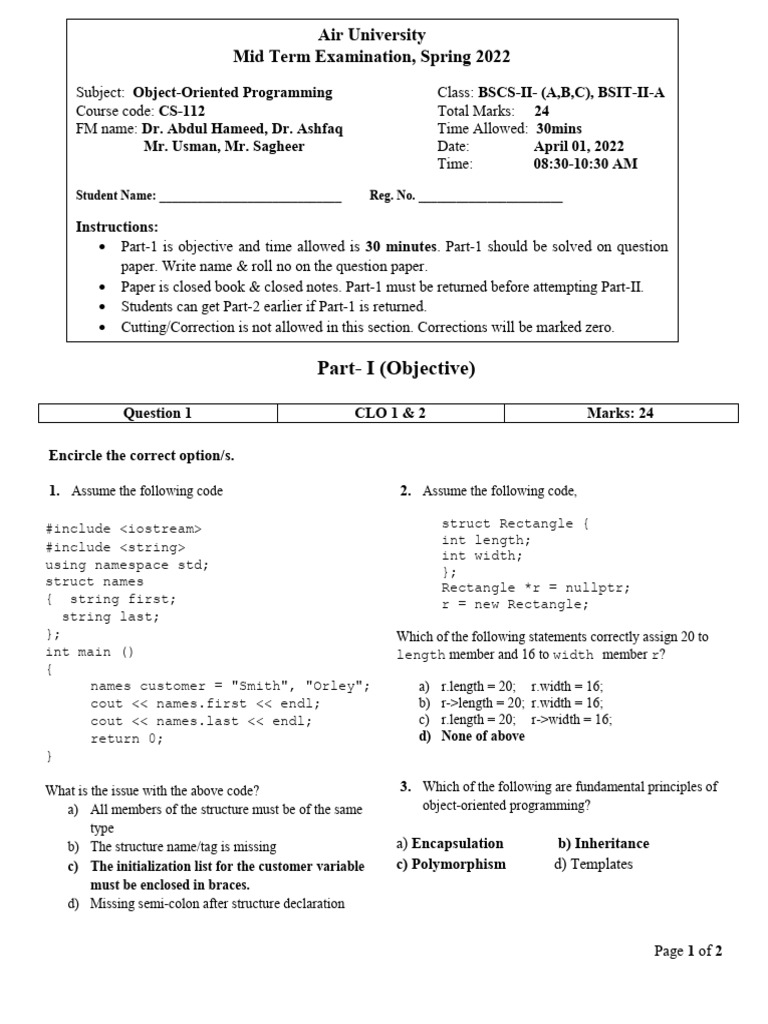 OOP Theory Mid Part 1 Objective Sol | PDF | Class (Computer Programming) | Method (Computer ...