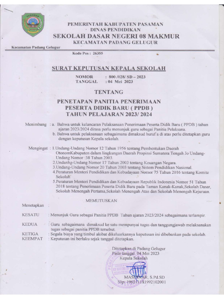 Contoh SK PPDB 2023 | PDF