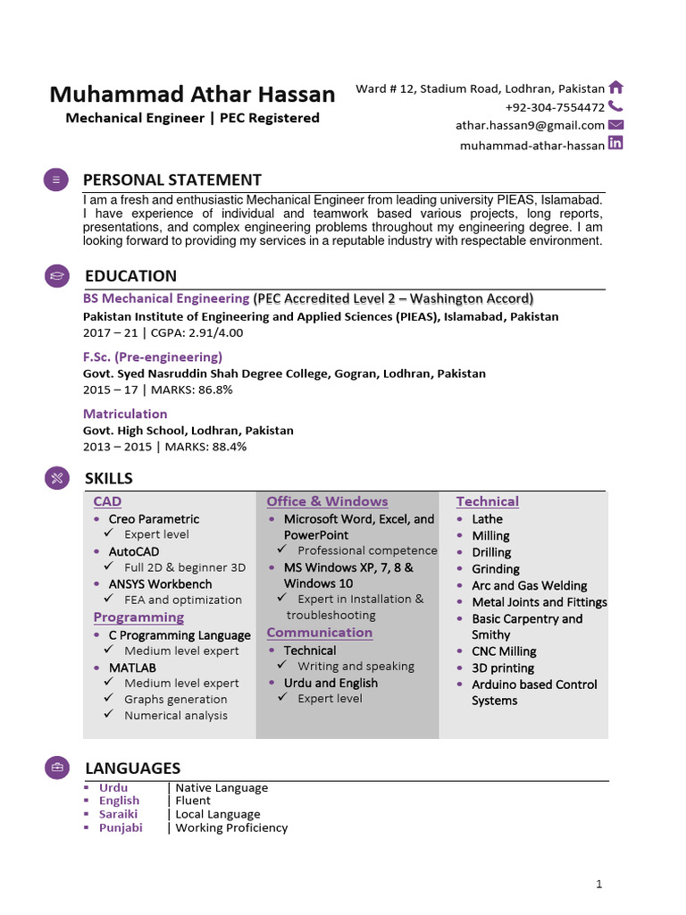 Resume - Muhammad - Athar - Hassan - Muhammad Athar Hassan | PDF | Engineering