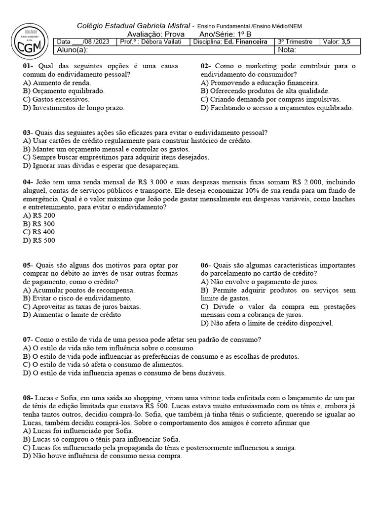 1prova 6ano Ed Finan 1tri | PDF | Empréstimos | Crédito