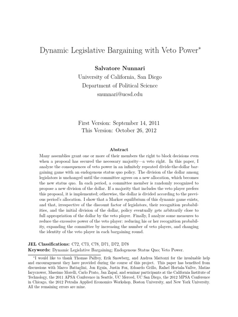 Veto Power in Dynamic Legislative Bargaining | PDF | Veto | Markov Chain