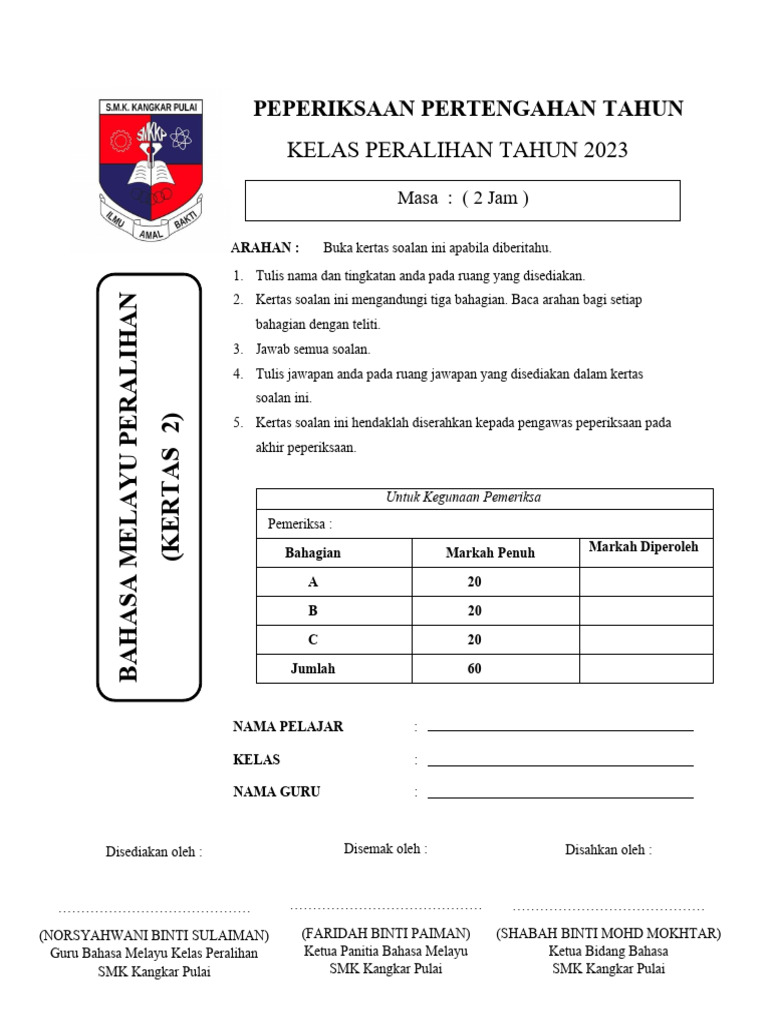 Soalan Pat BM 2 Kelas Peralihan 2023 PDF | PDF