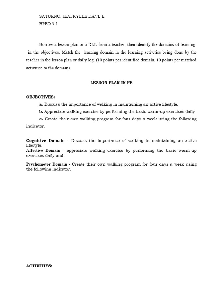Learning Domains in PE Lesson Plan | PDF