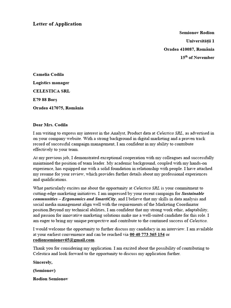 Letter of Aplication | PDF