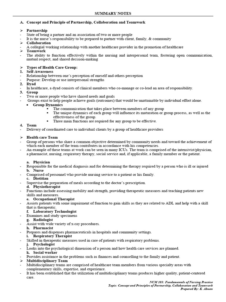 Summary Notes For NCM 103 (Partnership and Collaboration) | PDF ...