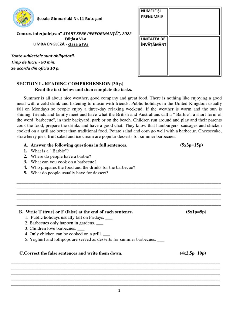 Subiect IV 2022 | PDF | English Language | Lion