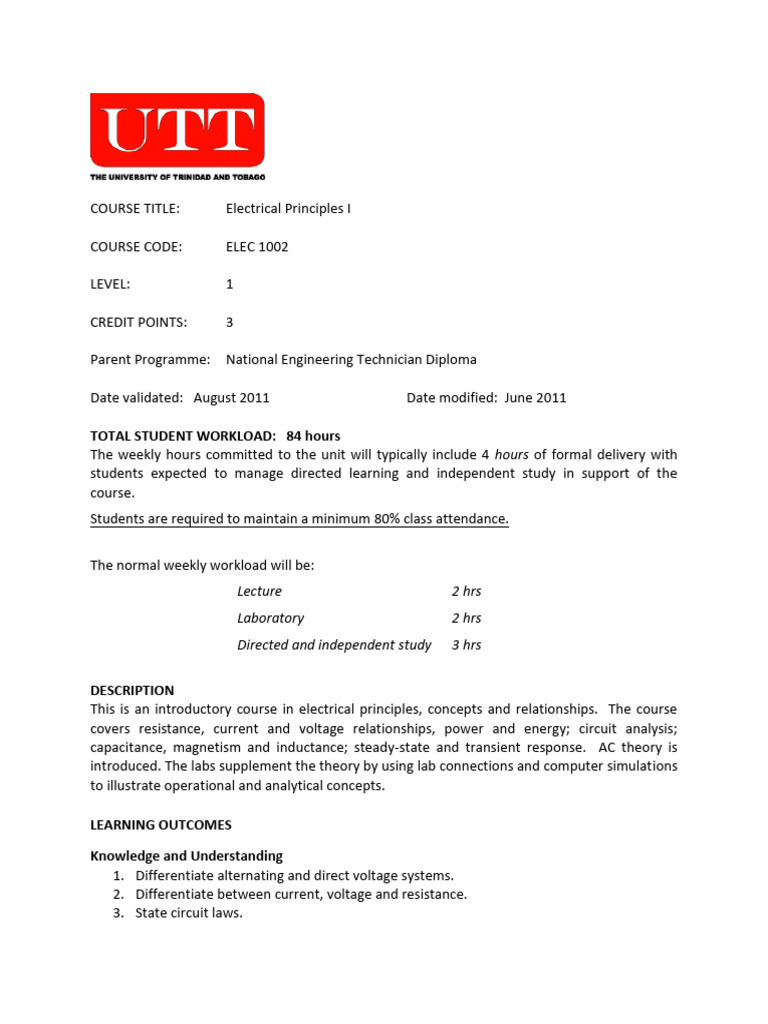 Course Outline ELEC 1002 Electrical Principles I | PDF | Series And ...