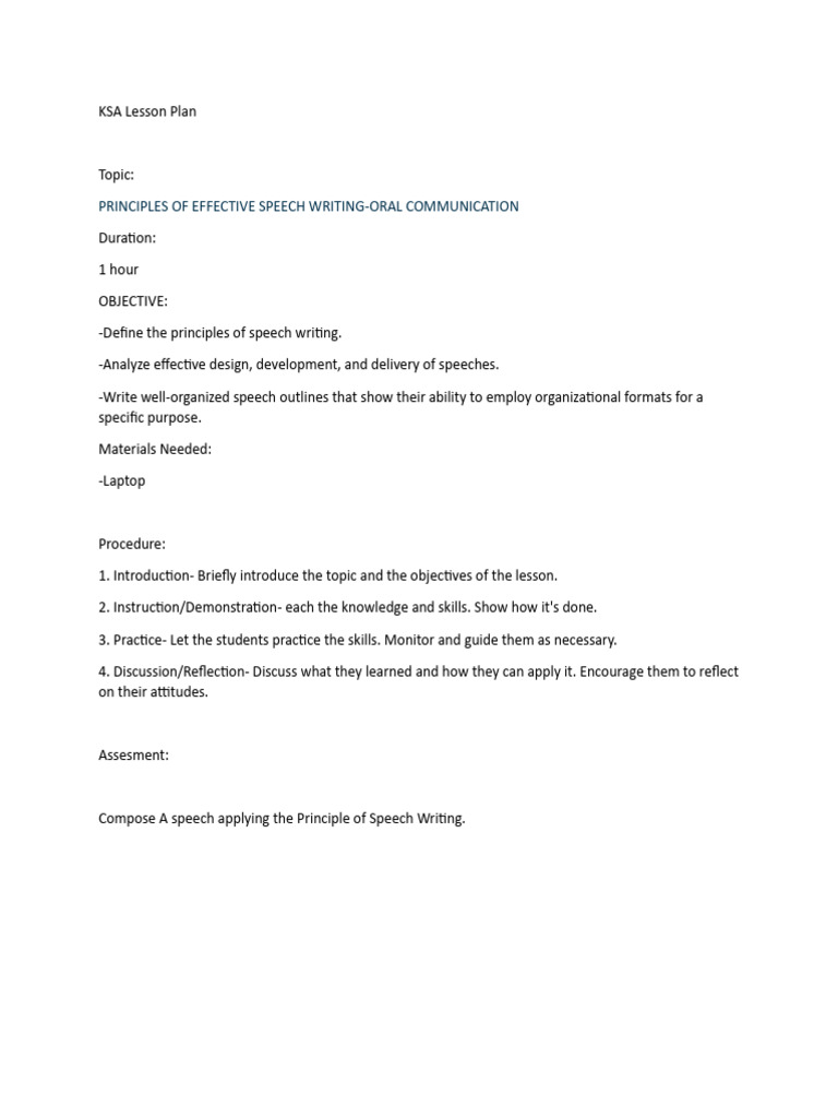 KSA Objectives for Speech Writing Lesson | PDF