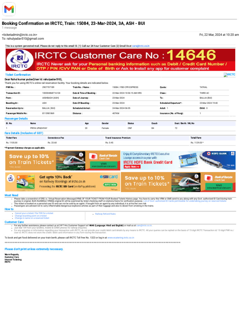 Gmail - Booking Confirmation On IRCTC, Train - 15084, 23-Mar-2024, 3A, ASH - BUI | PDF | Service ...