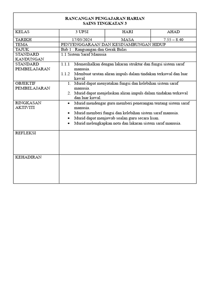 Rancangan Pengajaran Harian Sains Tingkatan 3 | PDF