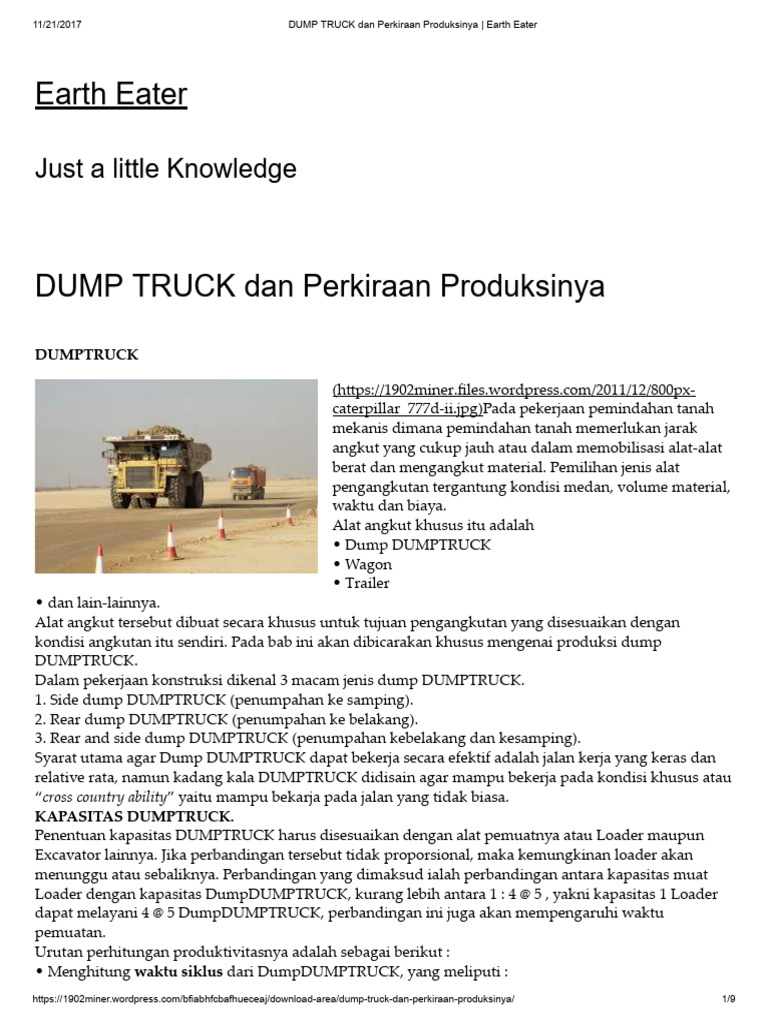 DUMP TRUCK Dan Perkiraan Produksinya - Earth Eater | PDF