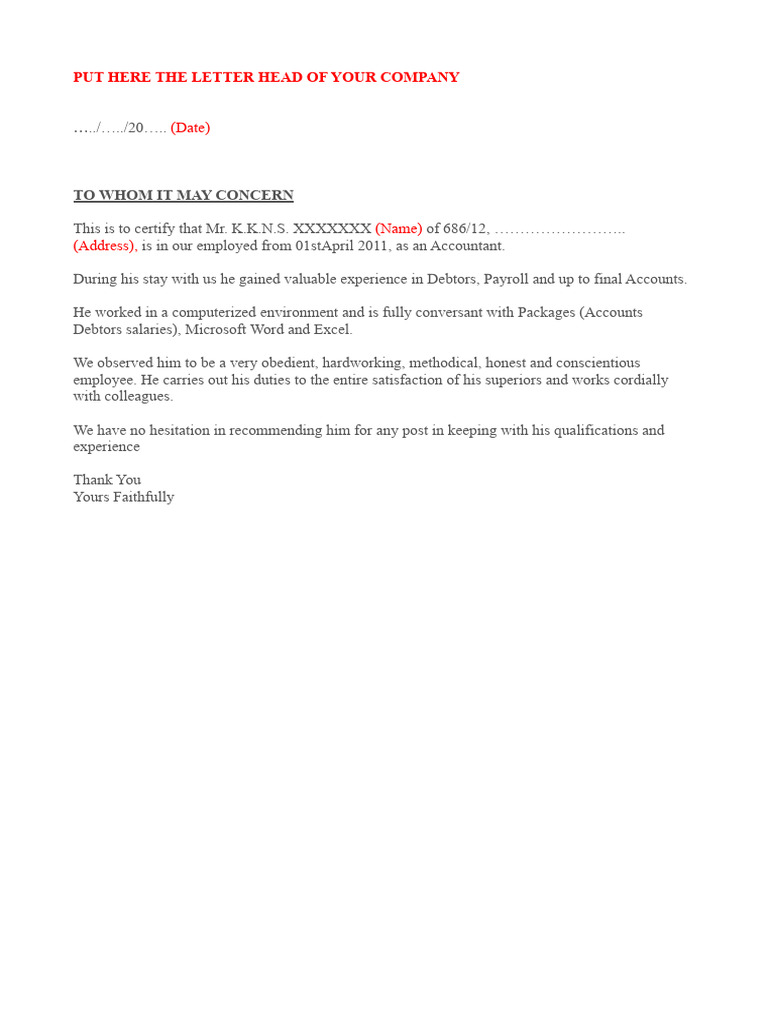 Service Letter Format Template | PDF